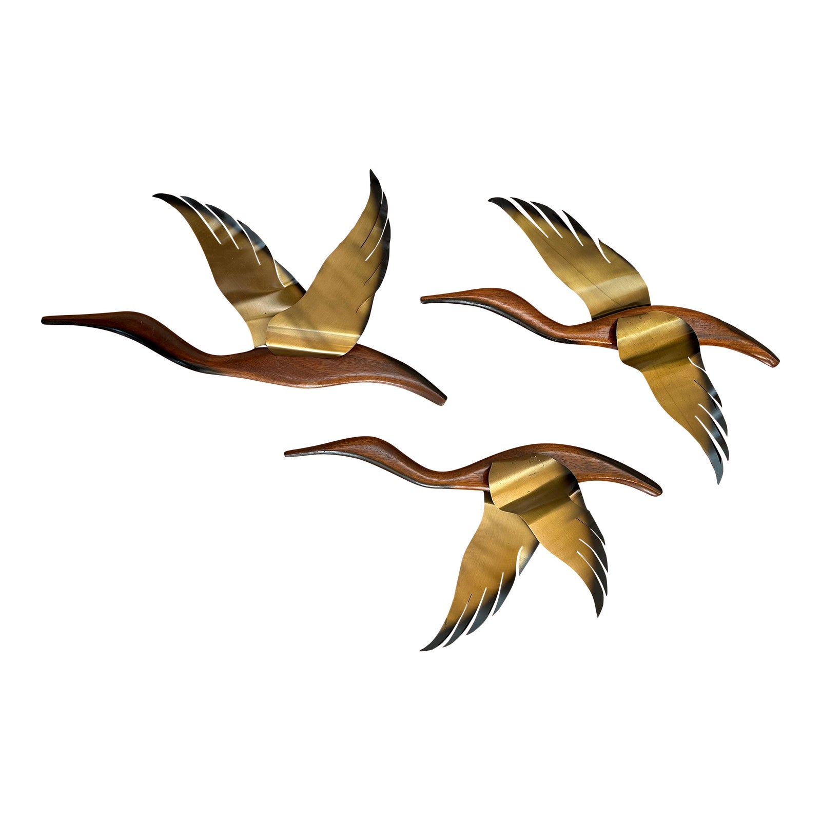 MCM Vintage Wood and Brass Flying Ducks Geese Wall Decor - Set of 3 ...