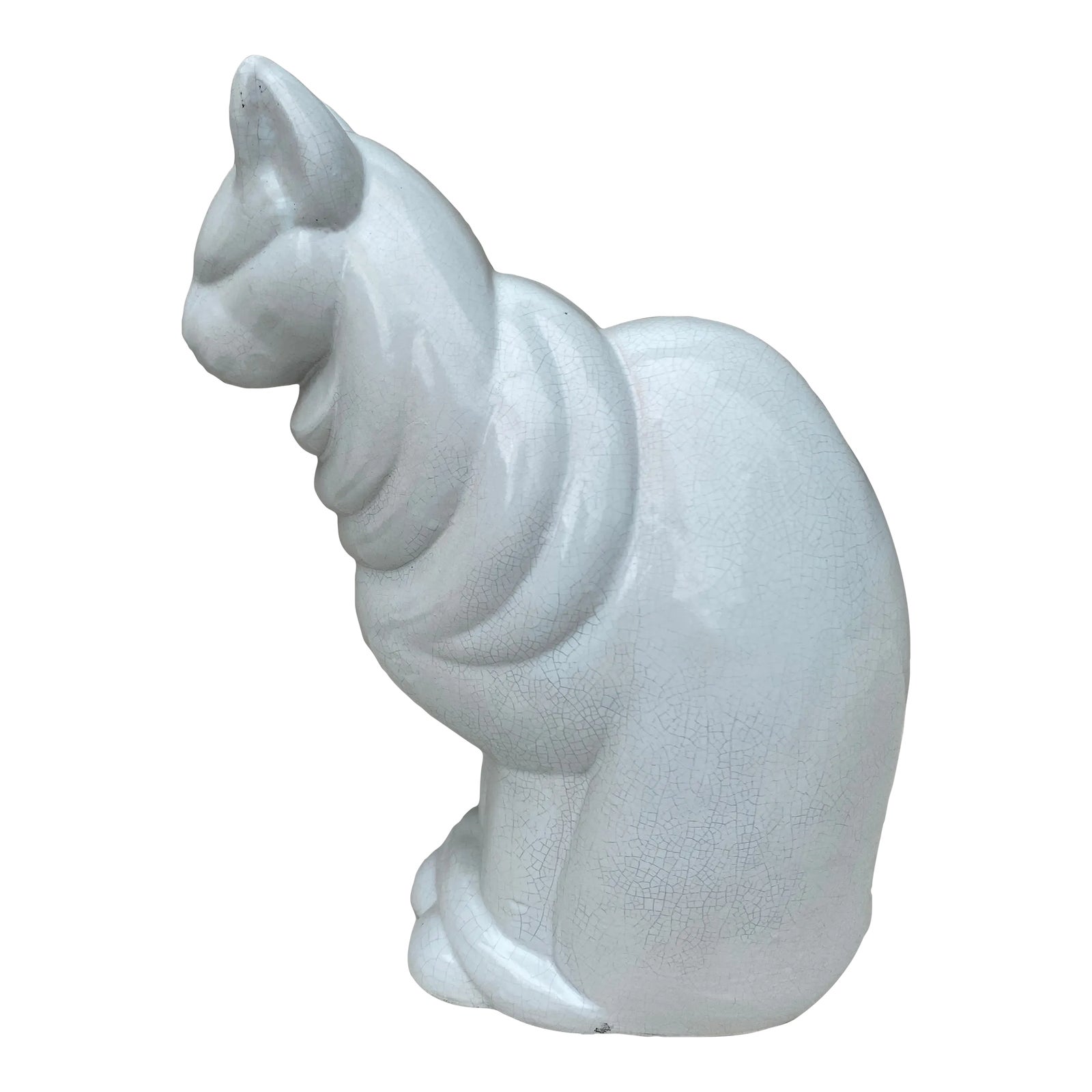 Large Rare White Faience Cat Art Deco Jacques Adnet | Chairish