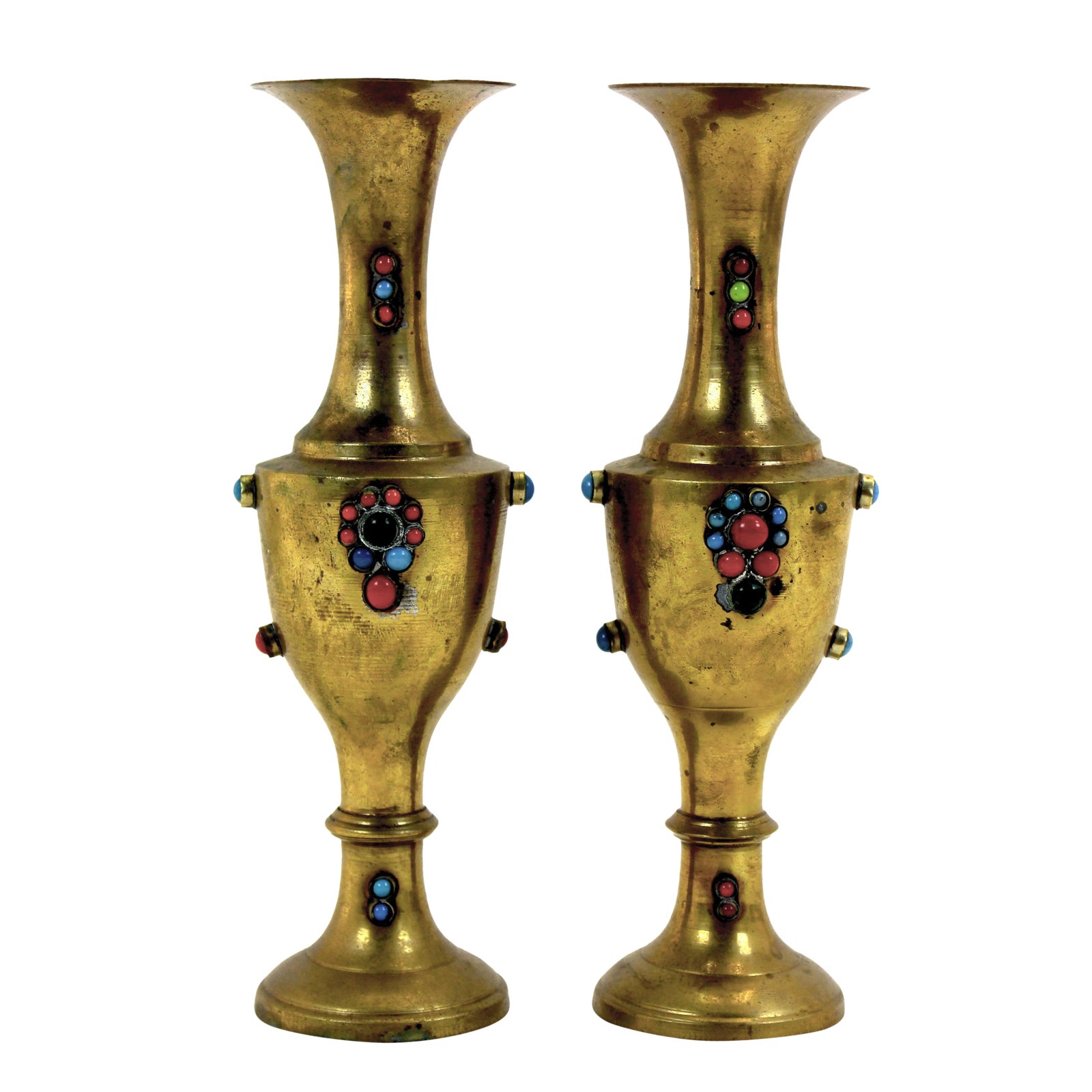 Vintage Brass Vases with Stone Embellishment - A Pair | Chairish