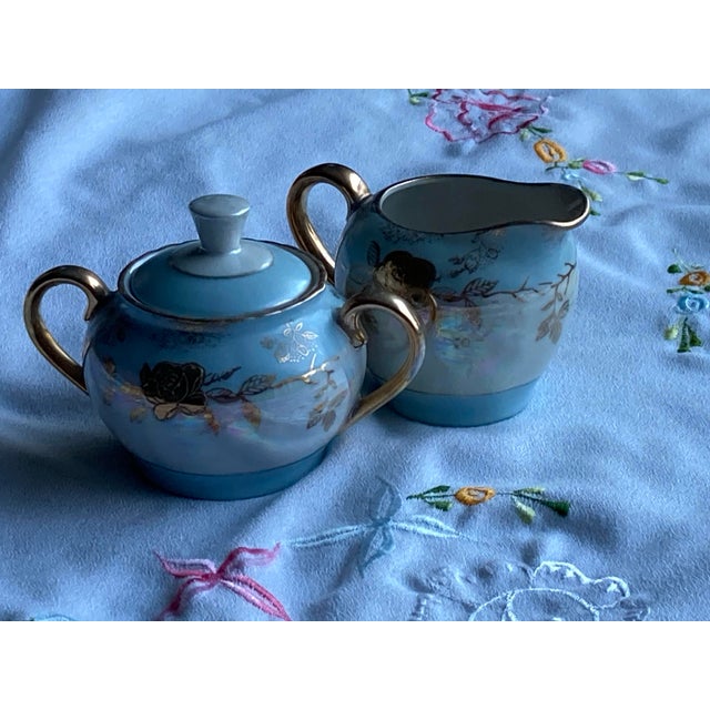 1950s Yoko Boki Blue Lusterware Sugar Bowl and Creamer | Chairish