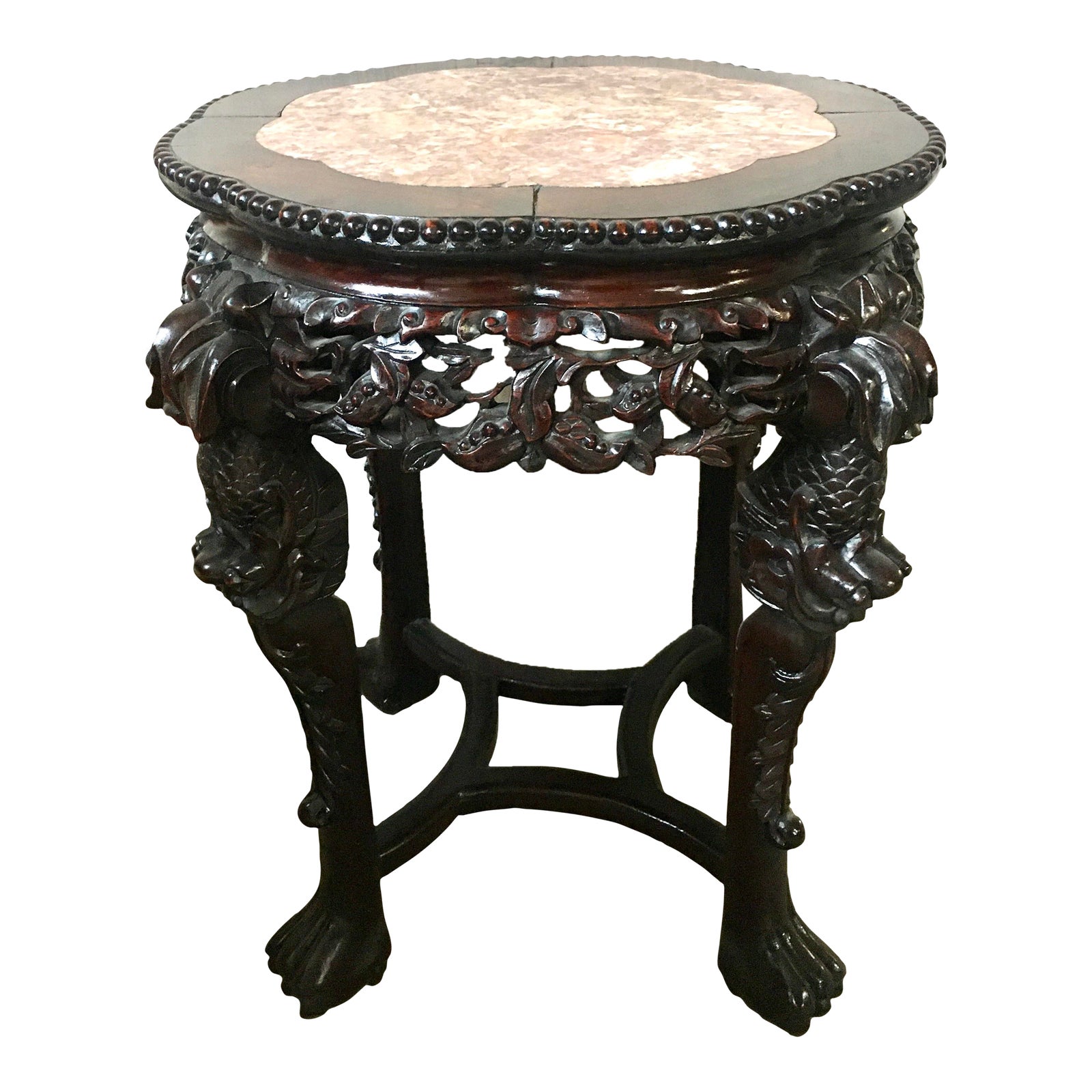 23" Late 19th Century Chinese Hardwood Pot Stand With Shaped Marble ...