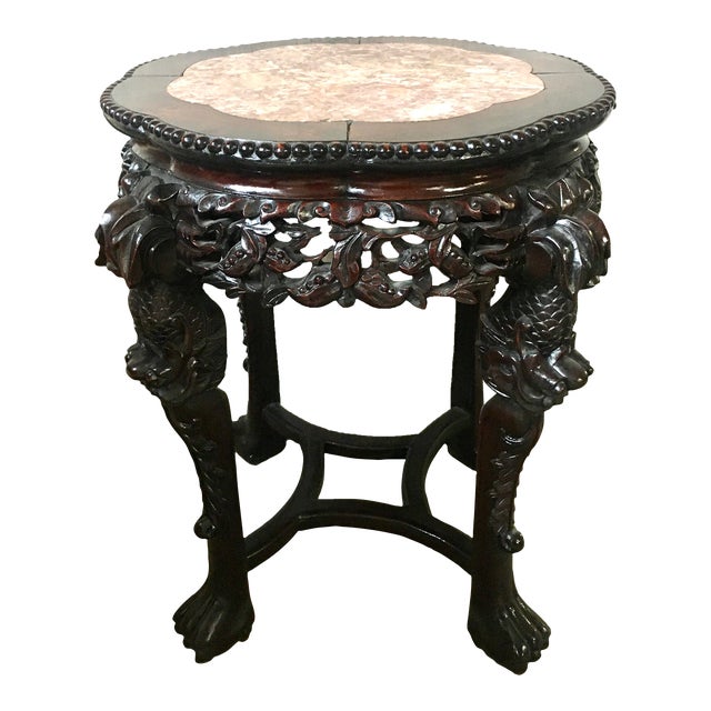 23" Late 19th Century Chinese Hardwood Pot Stand With Shaped Marble ...