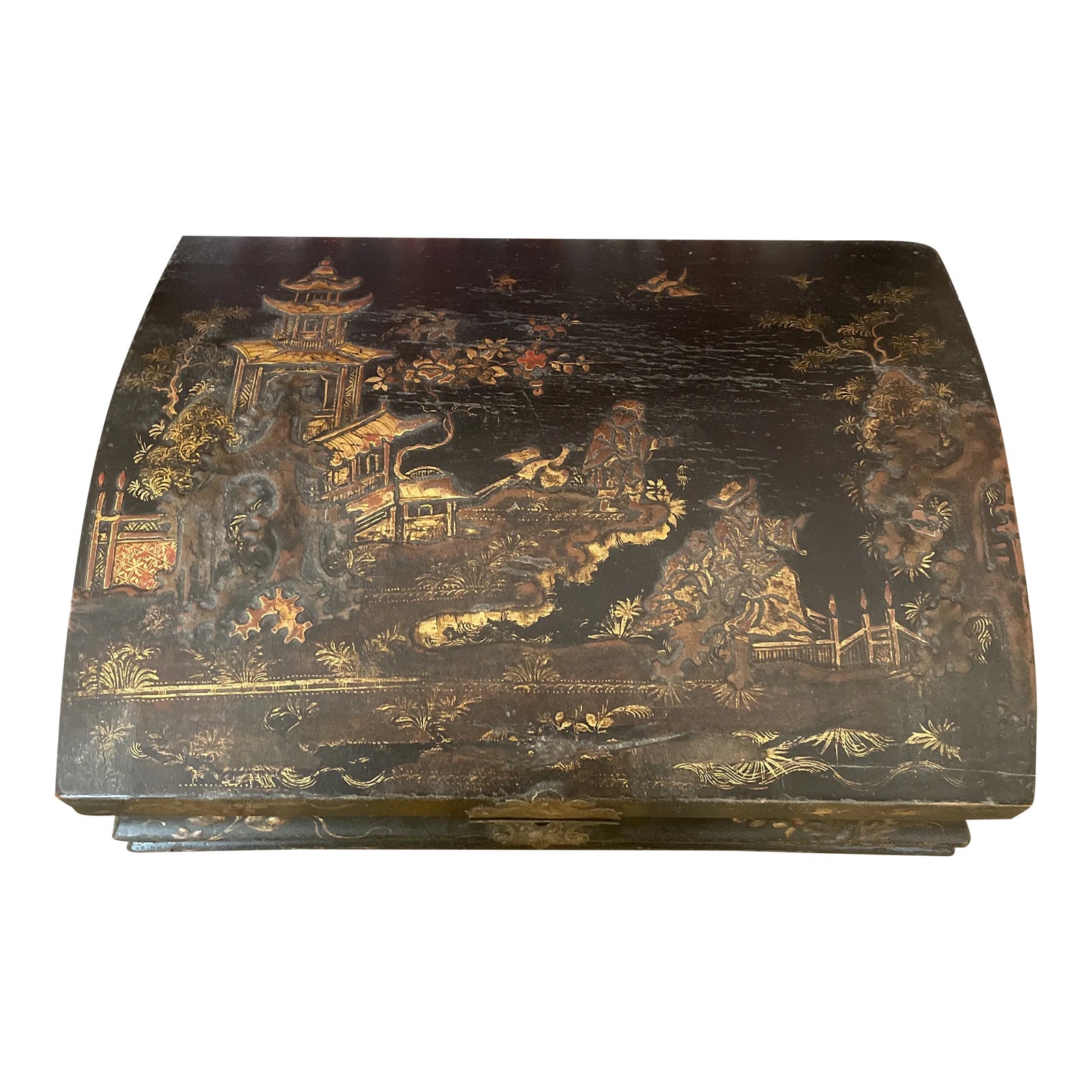 Antique Chinese Export Chinoiserie Black Lacquer Box | Chairish