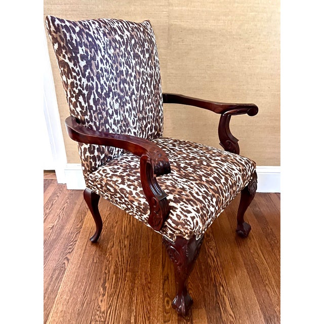 Pair of Carved Mahogany Leopard Print Armchairs New Upholstery | Chairish