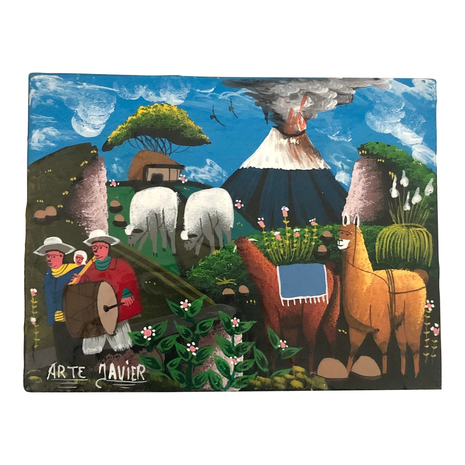 Small Peruvian Oil Painting Pastoral Scene | Chairish