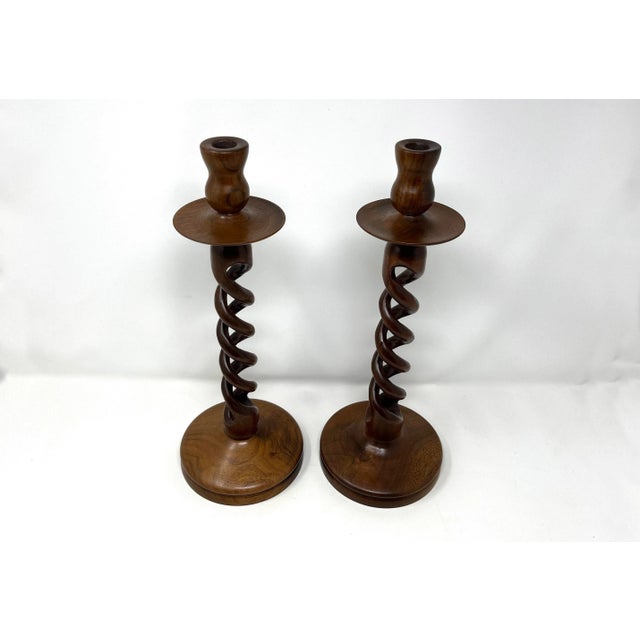 Pair of Early 20th Century Hand Carved Wood Barley Twist Candlesticks ...