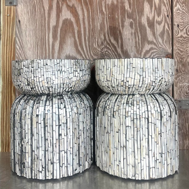 Vintage Boho Capiz Shell Low Stools - a Pair | Chairish