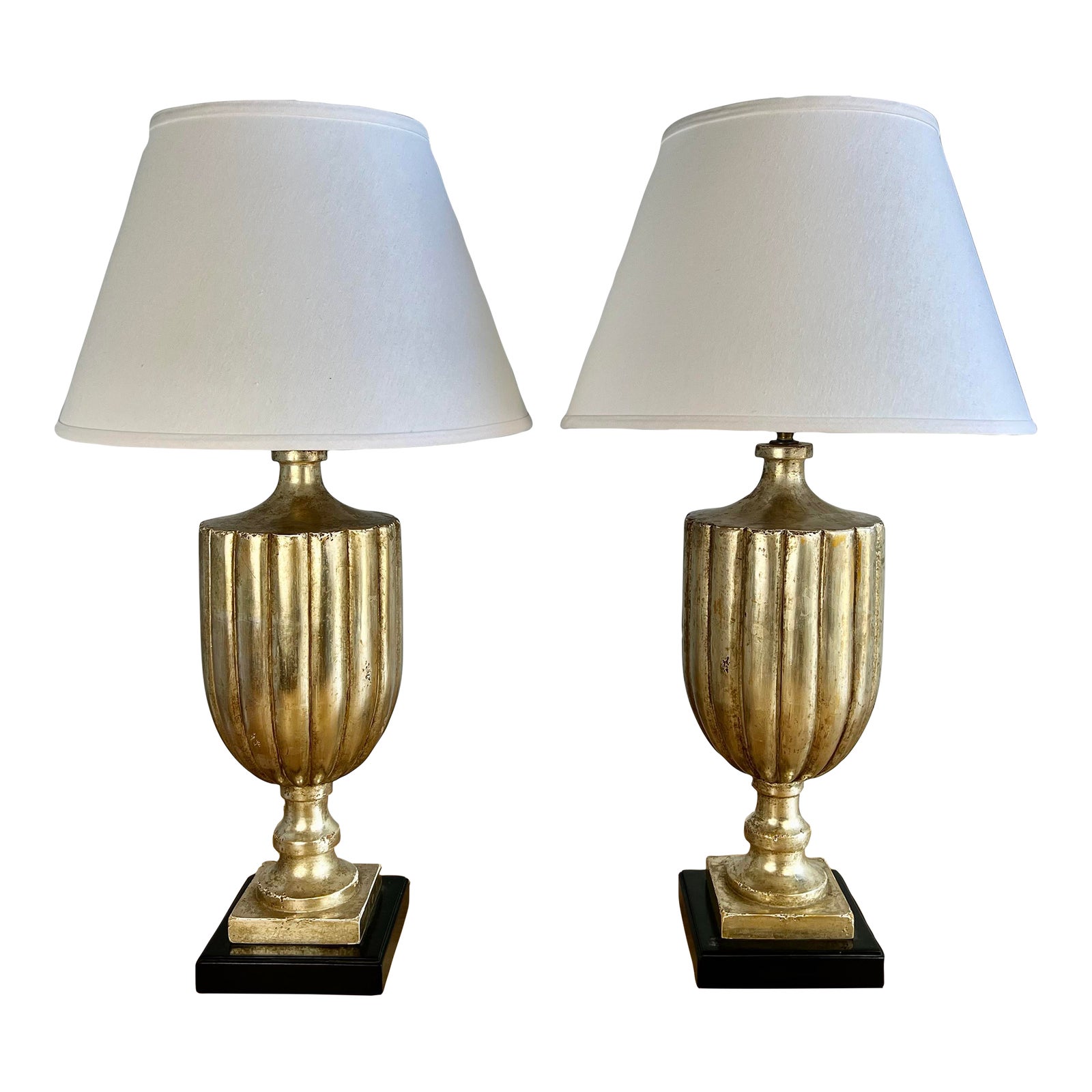 Pair of Silvered Fluted Urn Lamps W/ Linen Shades | Chairish