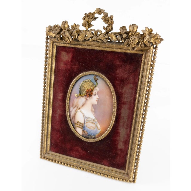 Early 20th Century French Limoges Enamel Portrait of a Beautiful Woman in Gilt Bronze Frame ...