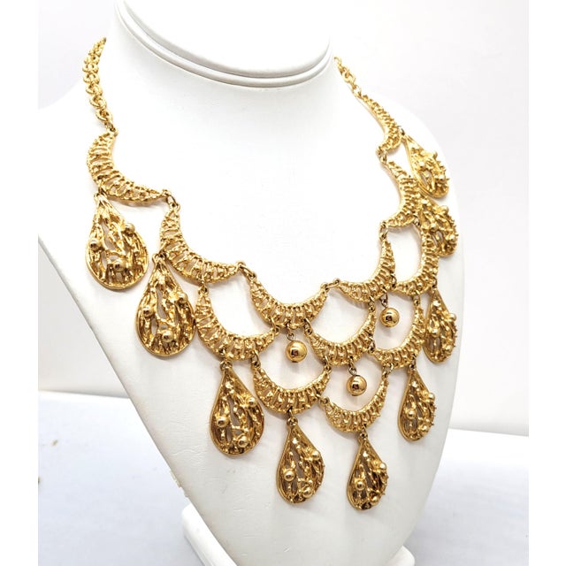 Vintage 1970s Signed Napier Modernist Goldtone Bumpy Texture Drops Bib ...