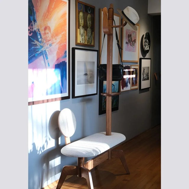 Cactus Bench, Light Walnut Wood Colour, Dove Gray Woven Fabric | Chairish