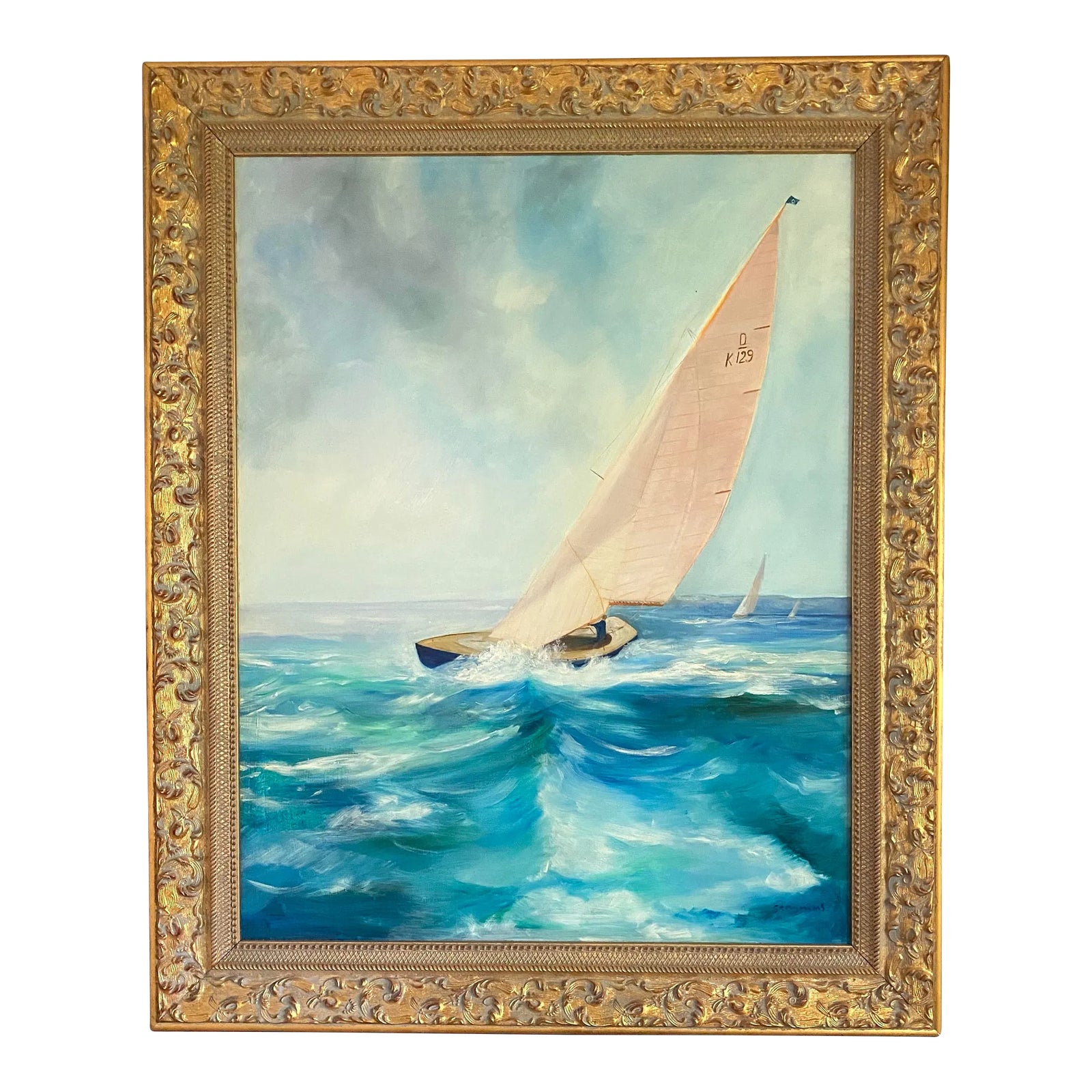 1990s Sailboat in Rough Seas Oil Painting by Satori Gregorakis, Framed ...