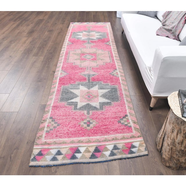 Vintage Pink Geometric Turkish Hand-Knotted Runner | Chairish