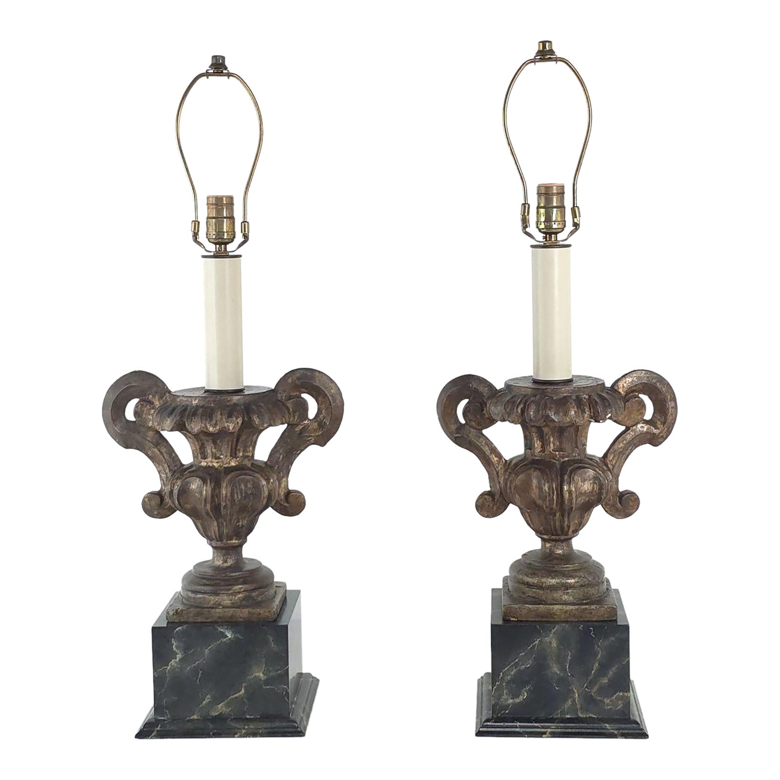 Pair of Antique Italian Silver Gilt & Painted Urns, Now Lamps | Chairish