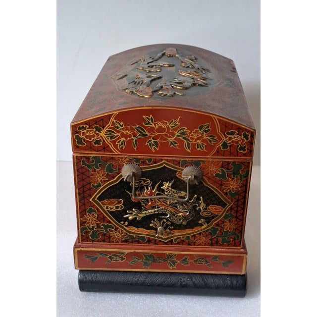1960s Vintage Chinese Carved Double Dragon Wood Dowry Keepsake Box Felt ...