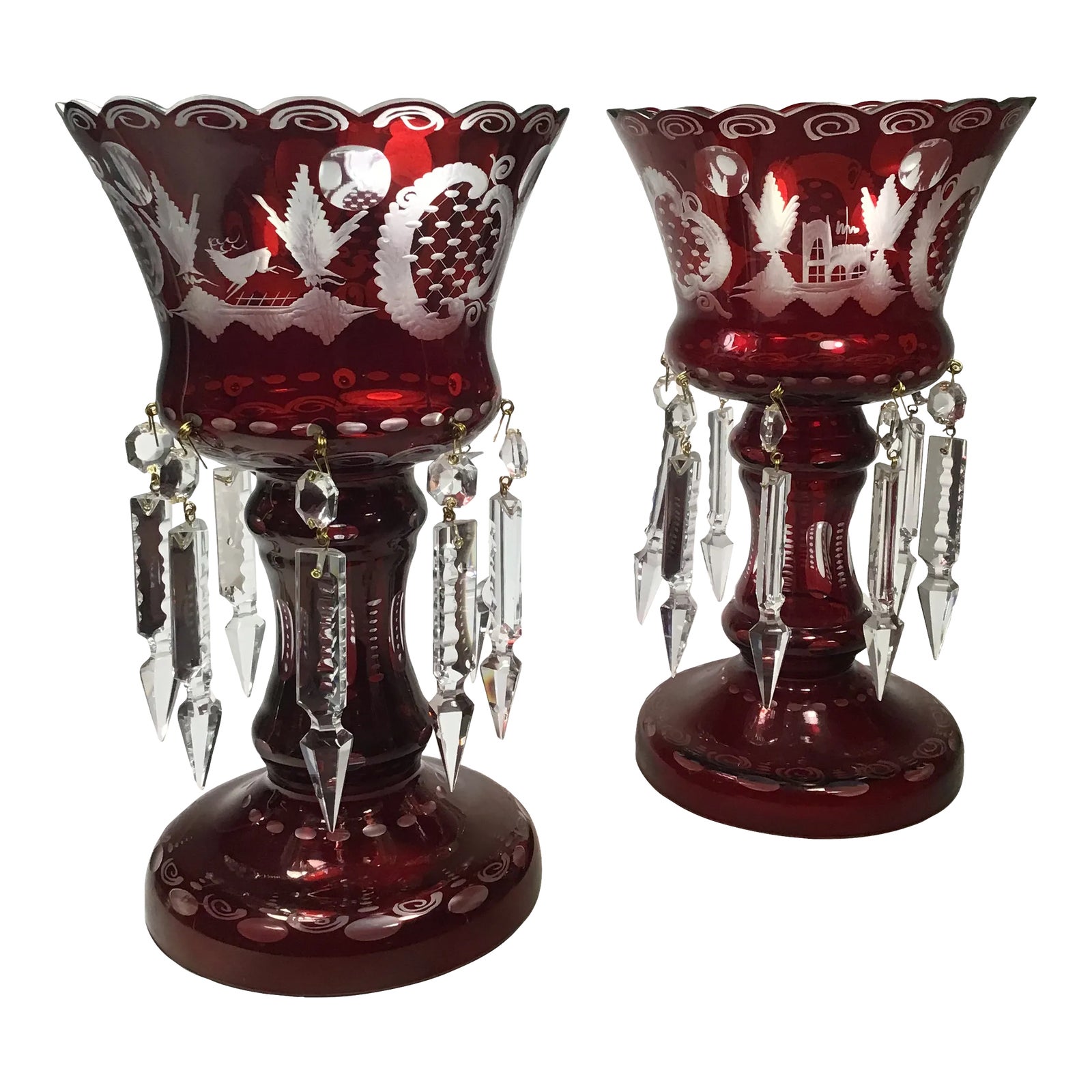 Vintage Bohemian Ruby to Clear Etched Glass Lusters - a Pair | Chairish