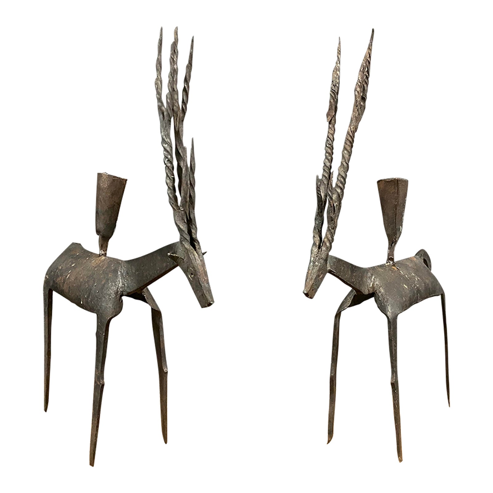 Pair of 1960’s Brutalist Wrought Iron Antelope Form Candlesticks | Chairish