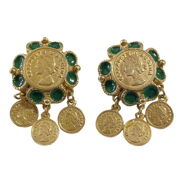 Intage Queen Elizabeth II Regina Gold Tone Coins Green Enamel Earrings ...