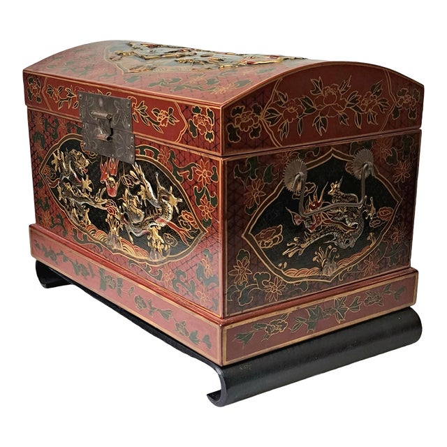 1960s Vintage Chinese Carved Double Dragon Wood Dowry Keepsake Box Felt ...