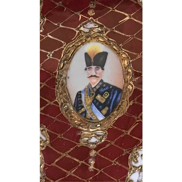 Antique Persian Qajar King Naser Al Din Shah Ceramic Gilt Tray | Chairish