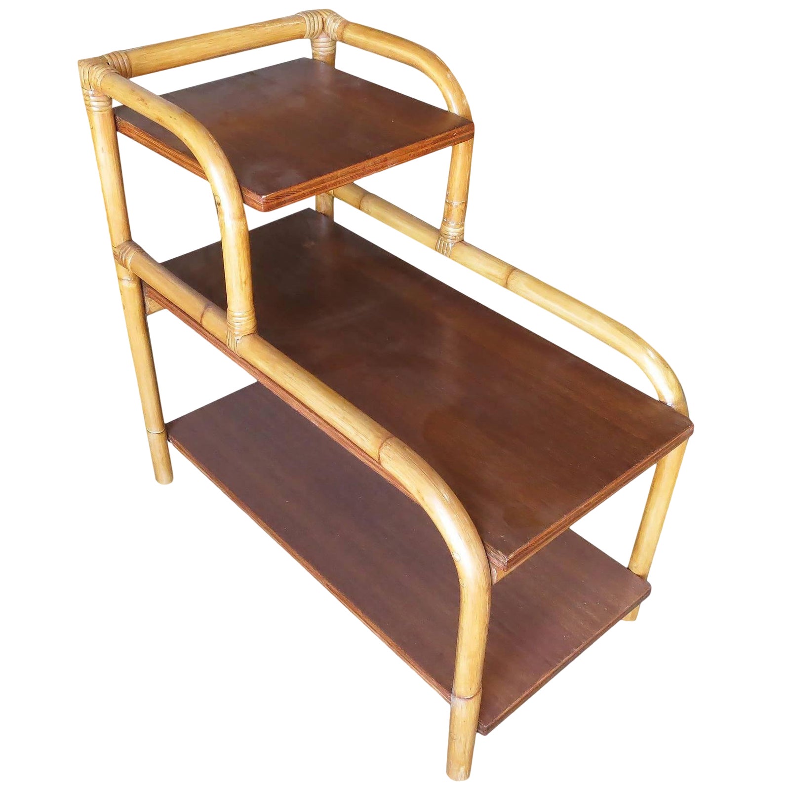 Restored Vintage Single Strand Three-Tier Rattan Side Table | Chairish