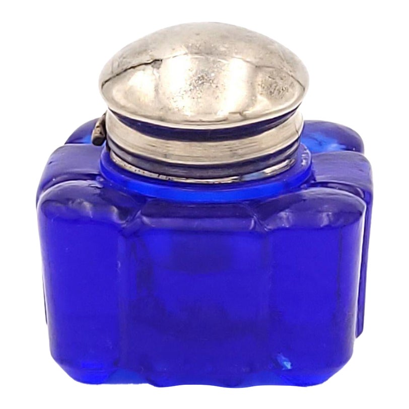 Cobalt Glass Silver Plated Inkwell, England Circa 1920 | Chairish