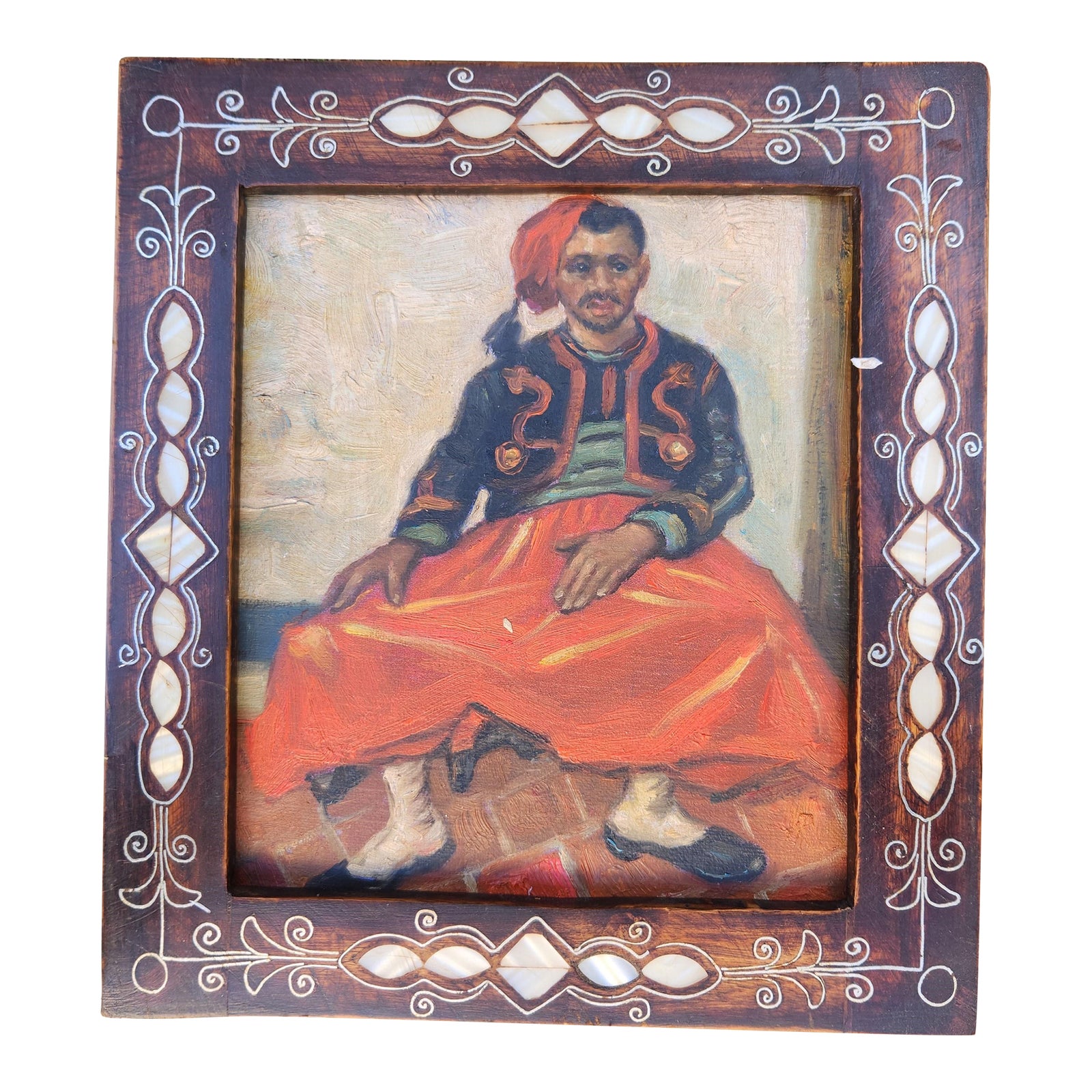 1950s Moroccan Oil Portrait Painting With Shell Inlay, Framed | Chairish