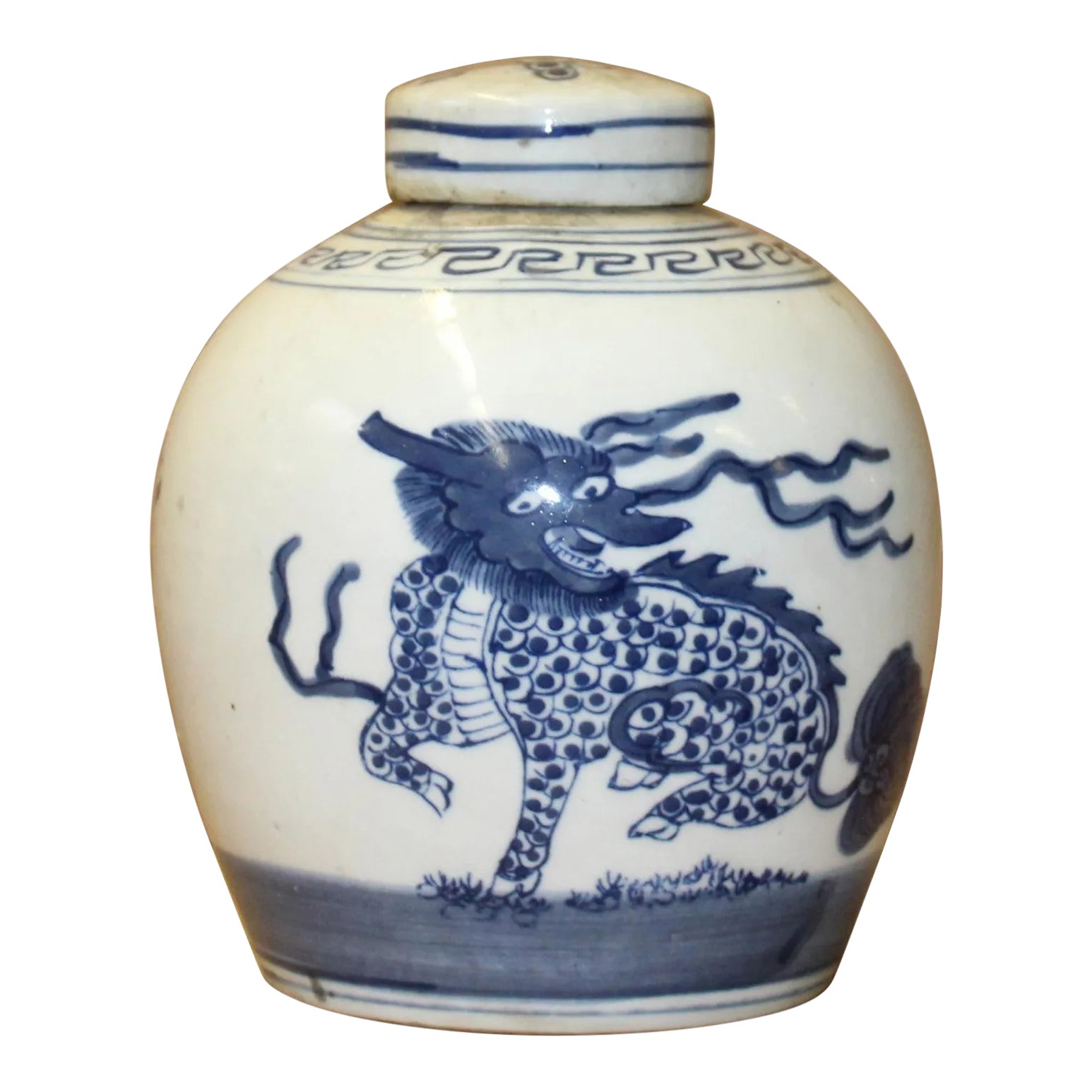 Chinese Blue White Ceramic Kirin Phoenix Graphic Ginger Jar | Chairish