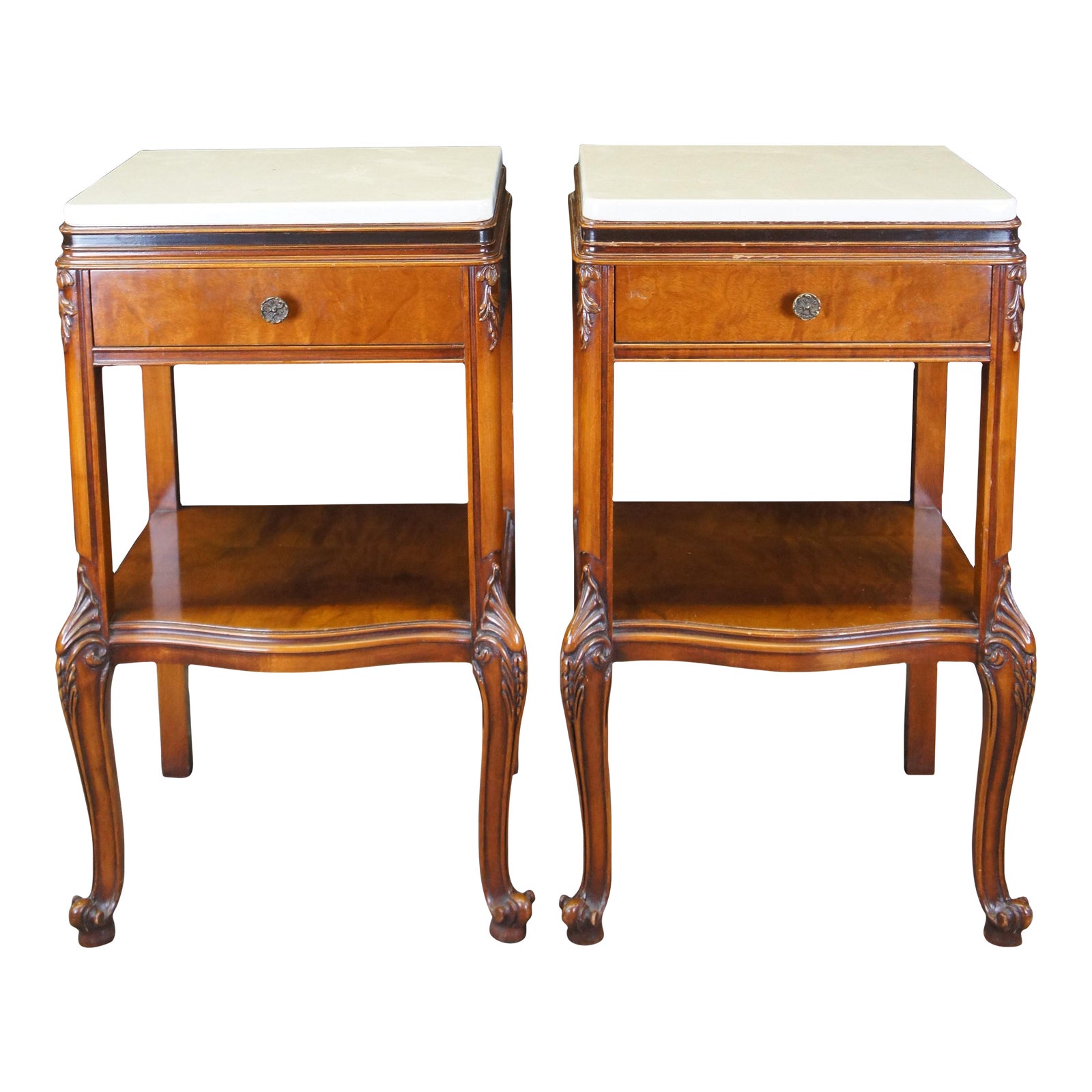 2 Henredon French Provincial Walnut Marble Tiered Side End Tables ...