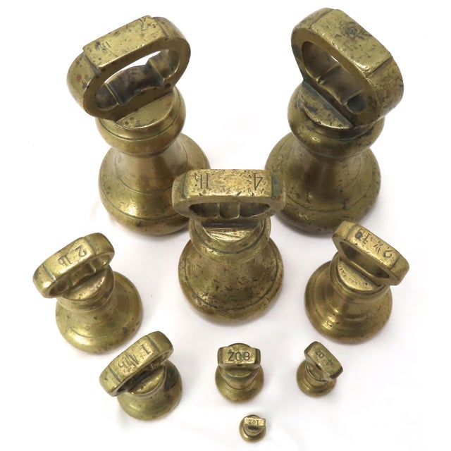 Antique Large Scale English Brass Balance Scale Weights Set- 9 Pieces ...