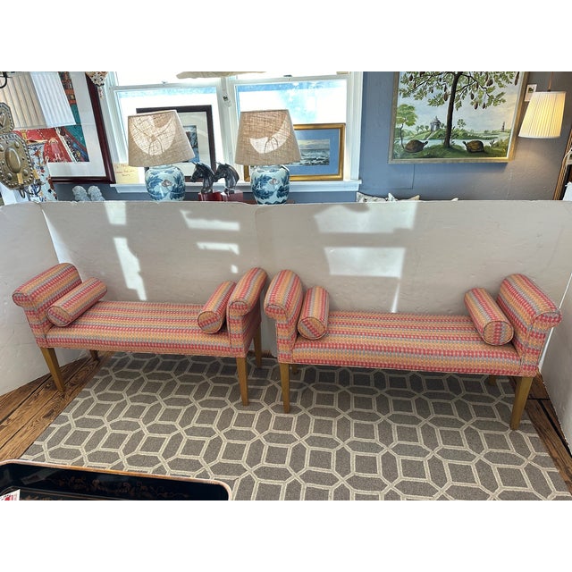 Upholstered Benches With Bolster Pillows -A Pair | Chairish