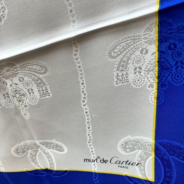 Must De Cartier Vintage Jacquard Silk Scarf Blue Border | Chairish