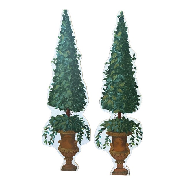 20th-C. Hand Painted French Style Trompe L’oeil Topiaries Wood Wall Art ...