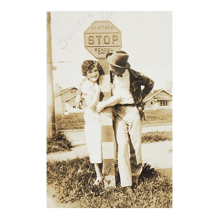 1920s Cute Couple at School Stop Sign Vernacular Snapshot Photograph ...