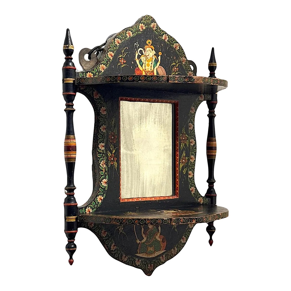 Anglo Indian Hand Painted Black Wall Shelf With Mirror & Indian Gods ...