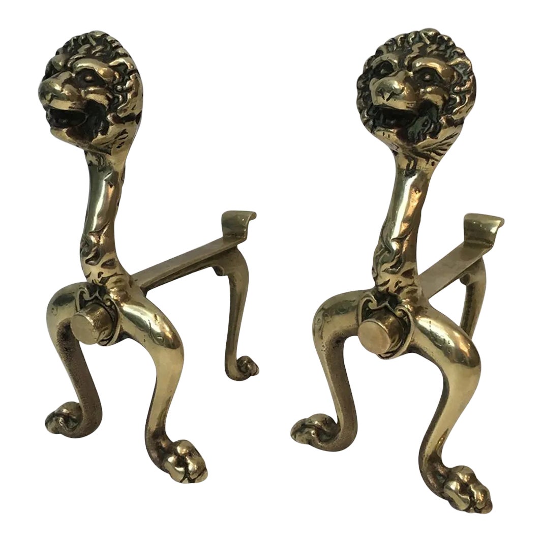 Lions Bronze Andirons, French, circa 1900 - A Pair | Chairish