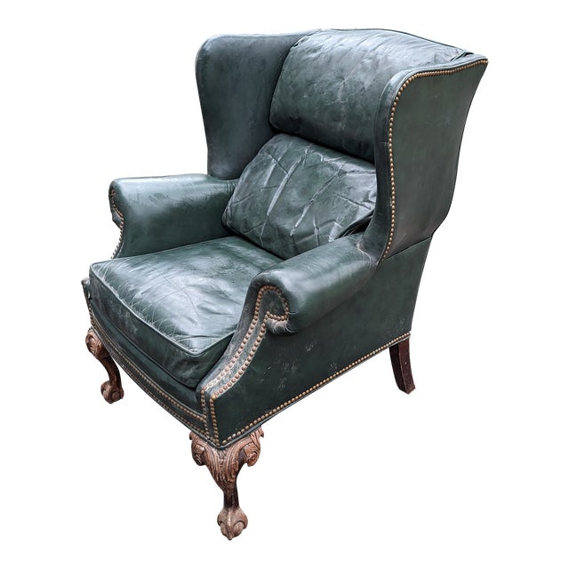 1960s Georgian Style Vintage Green Leather Wingback Chair | Chairish