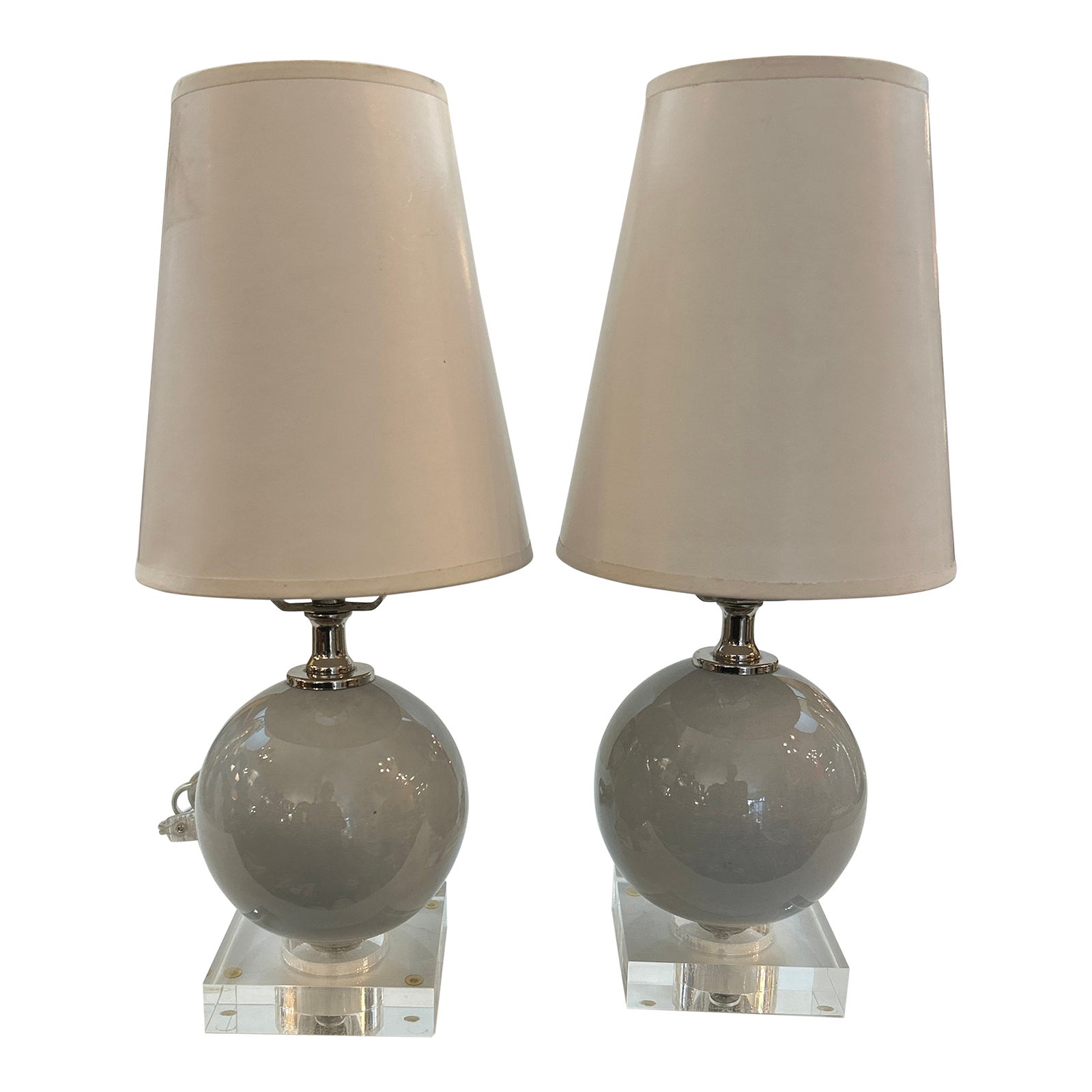 Gray Spherical Ceramic Lamps on Lucite Block Bases a Pair | Chairish