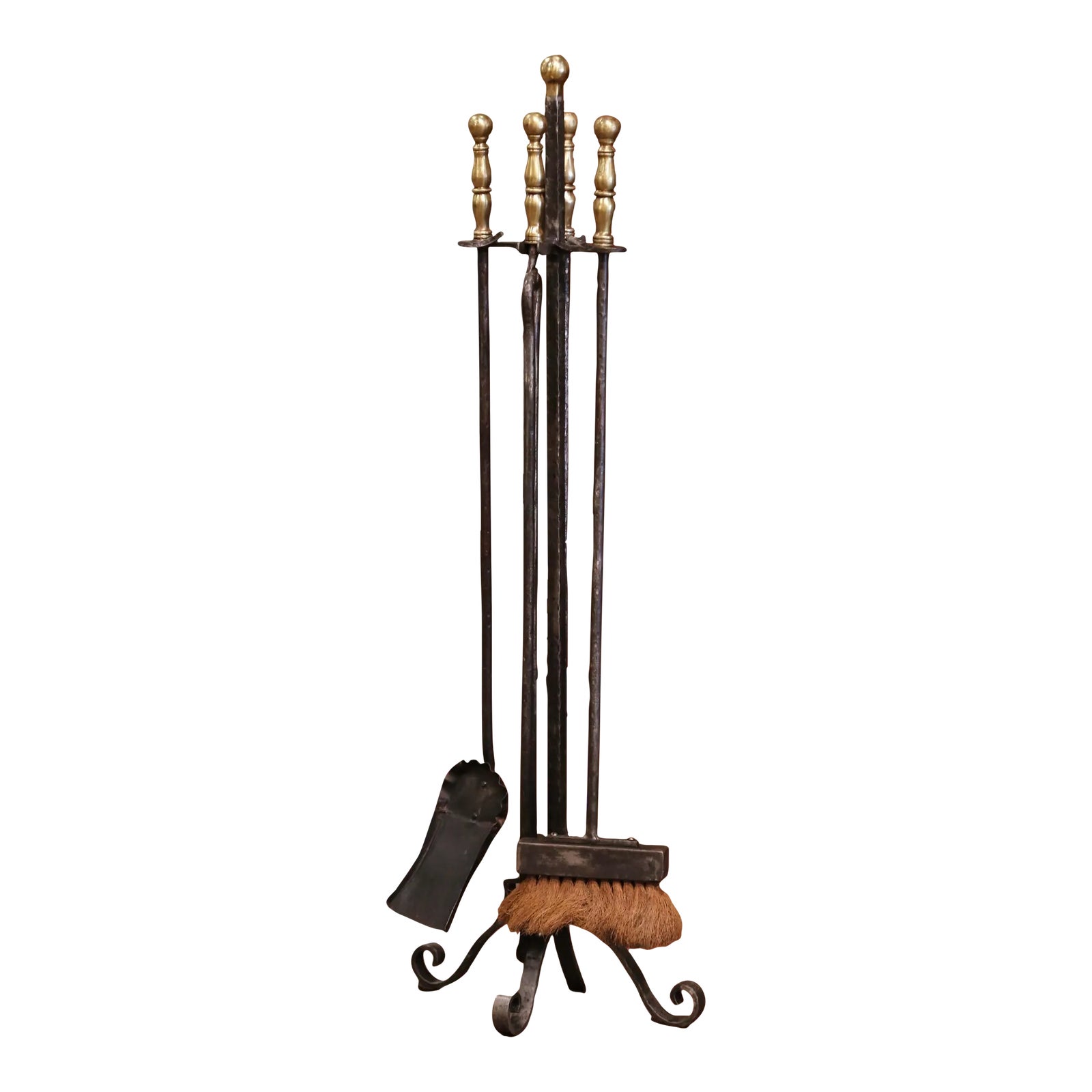 19th Century French Gothic Wrought Iron Fireplace Tool Set With Bronze ...
