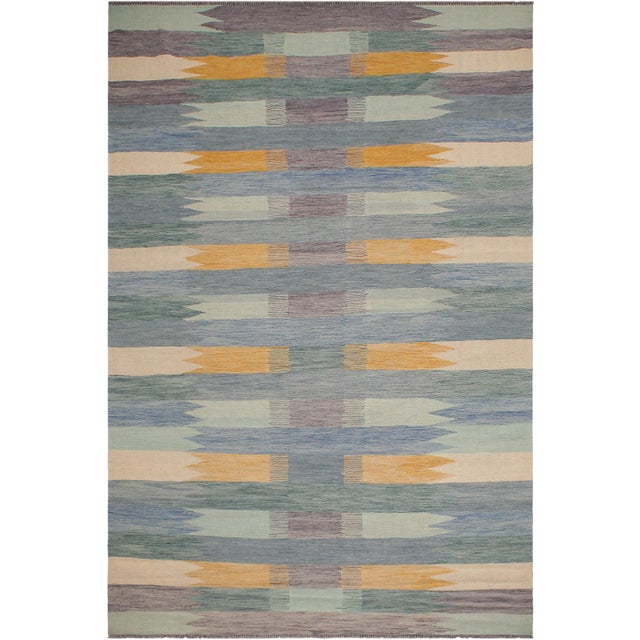1990s Vintage Kilim Marisol Blue Beige Wool Rug - 8'10" X 12'4" | Chairish