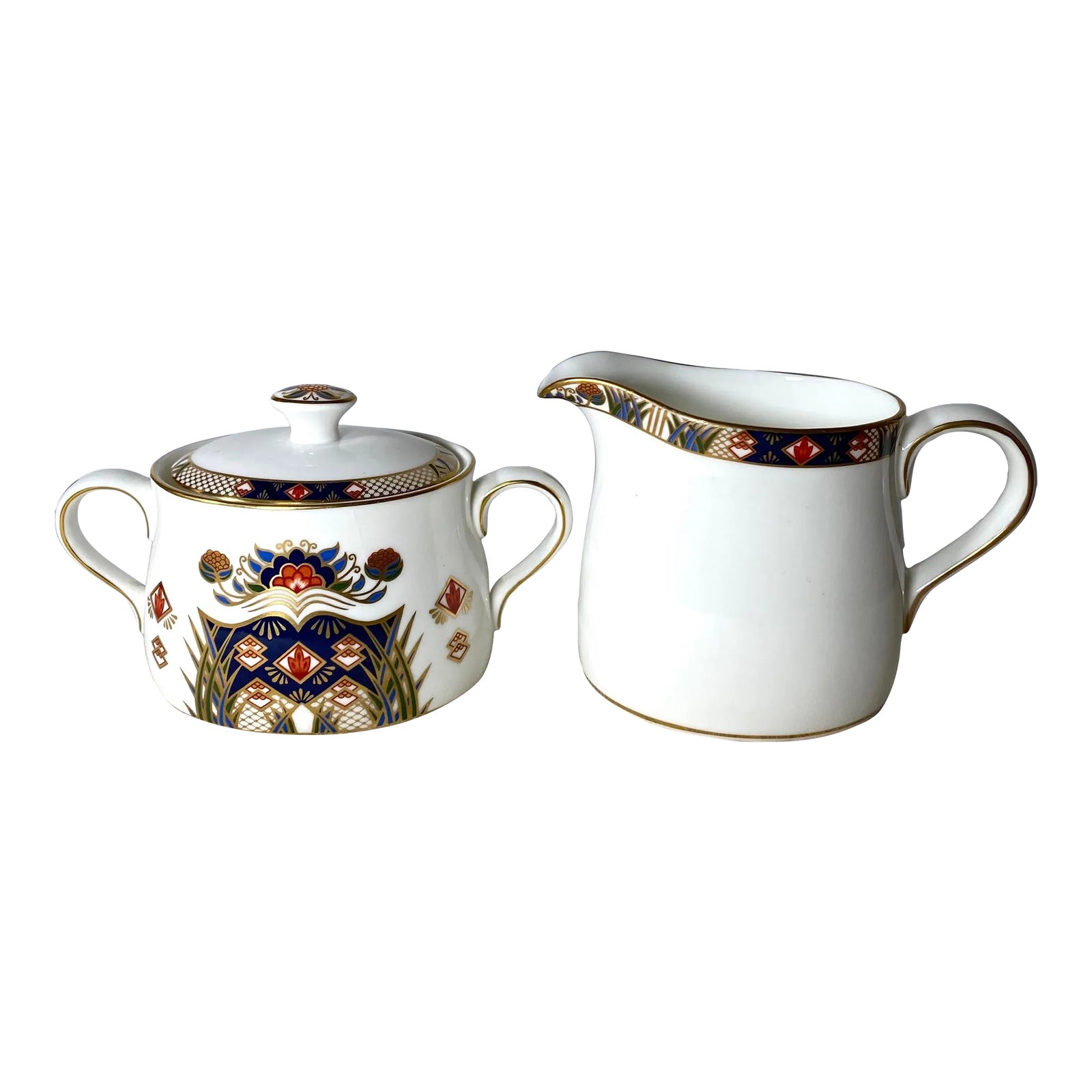 1990s Royal Crown Derby Rutland Sugar Bowl and Creamer - Blue & Rust ...