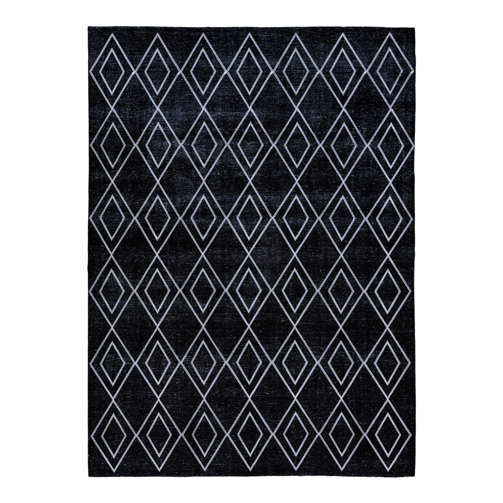 Black Modern Turkish Handmade Geometric Diamond Pattern Wool Rug | Chairish