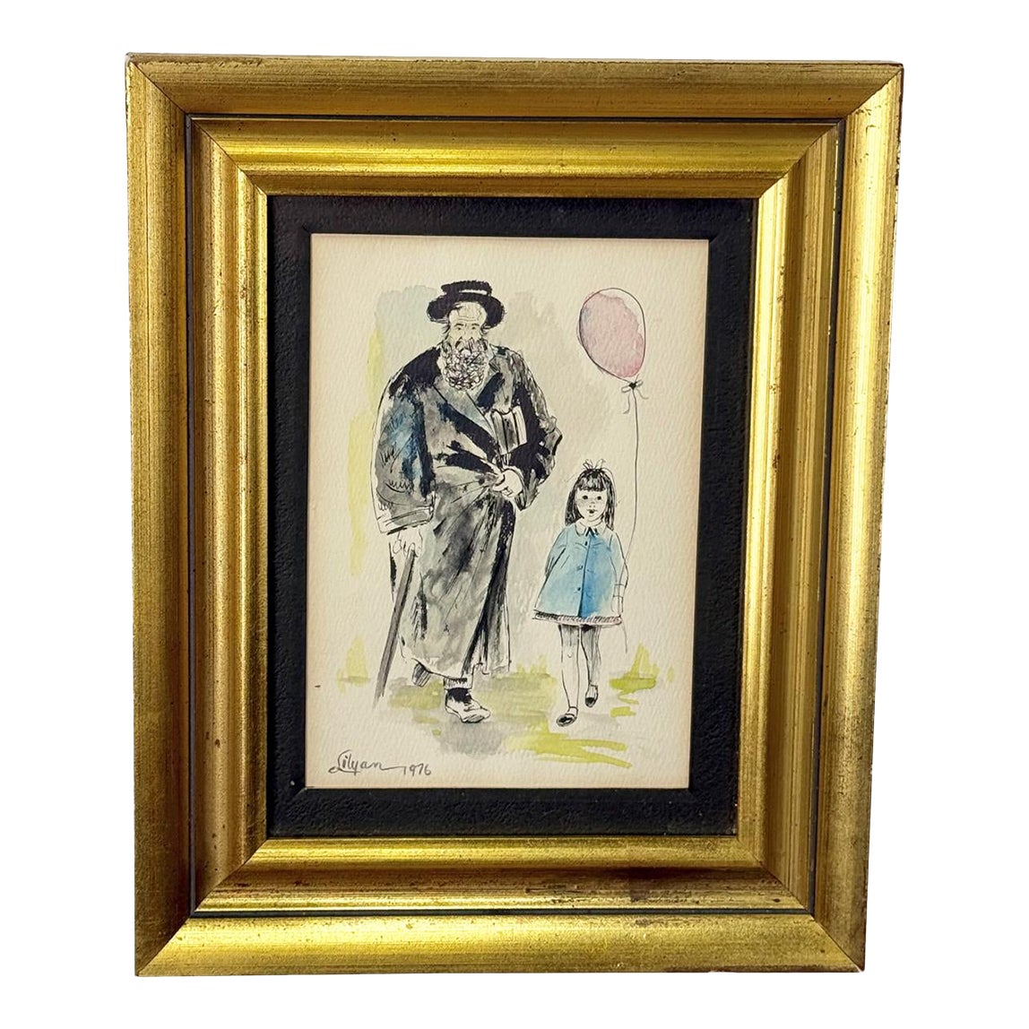 Vintage 1976 Jewish Rabbi & Girl W/ Balloon Signed Watercolor Painting ...