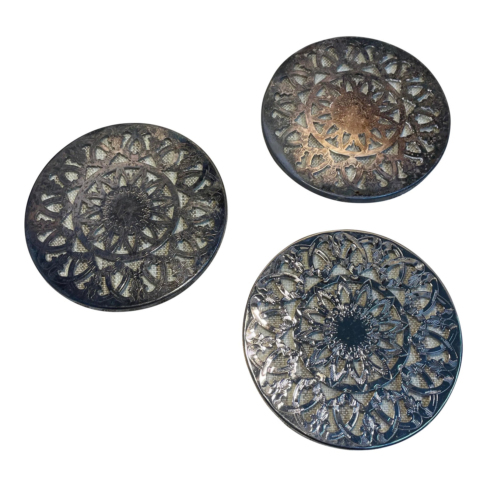 Vintage Silver-Plated and Glass Reticulated Trivets- Set of 3 | Chairish