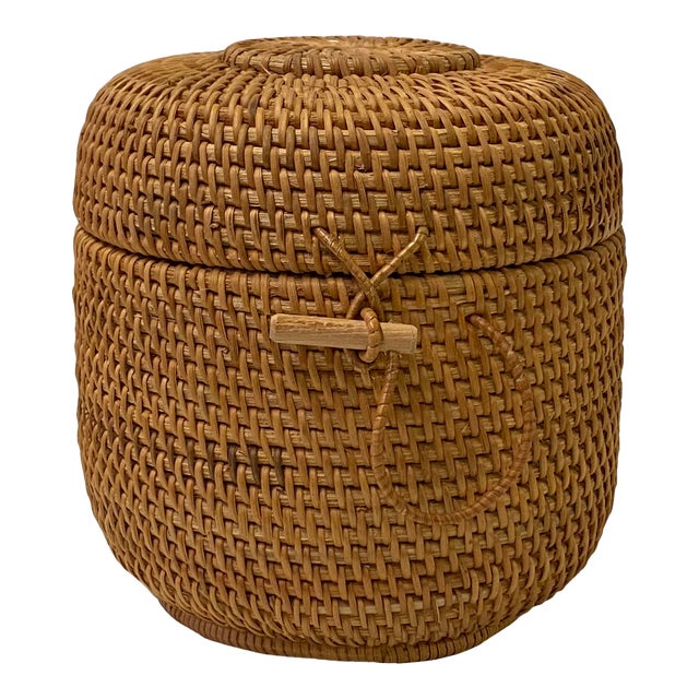 Asian Handmade Rustic Brown Rattan Round Accent Storage Box | Chairish