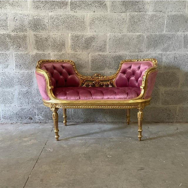 French Pink Velvet Tufted Bench | Chairish
