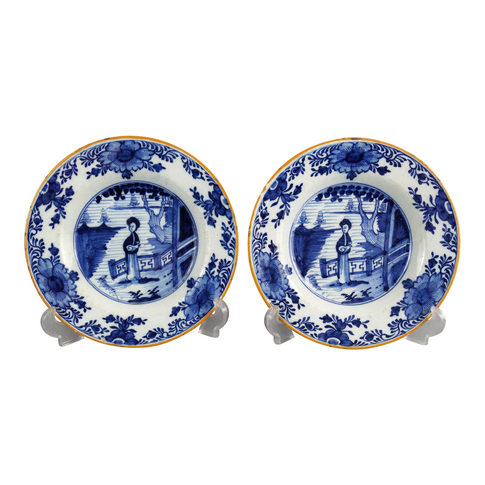 18th-Century Dutch Delft Plates With Figures, Long Eliza, Pair | Chairish