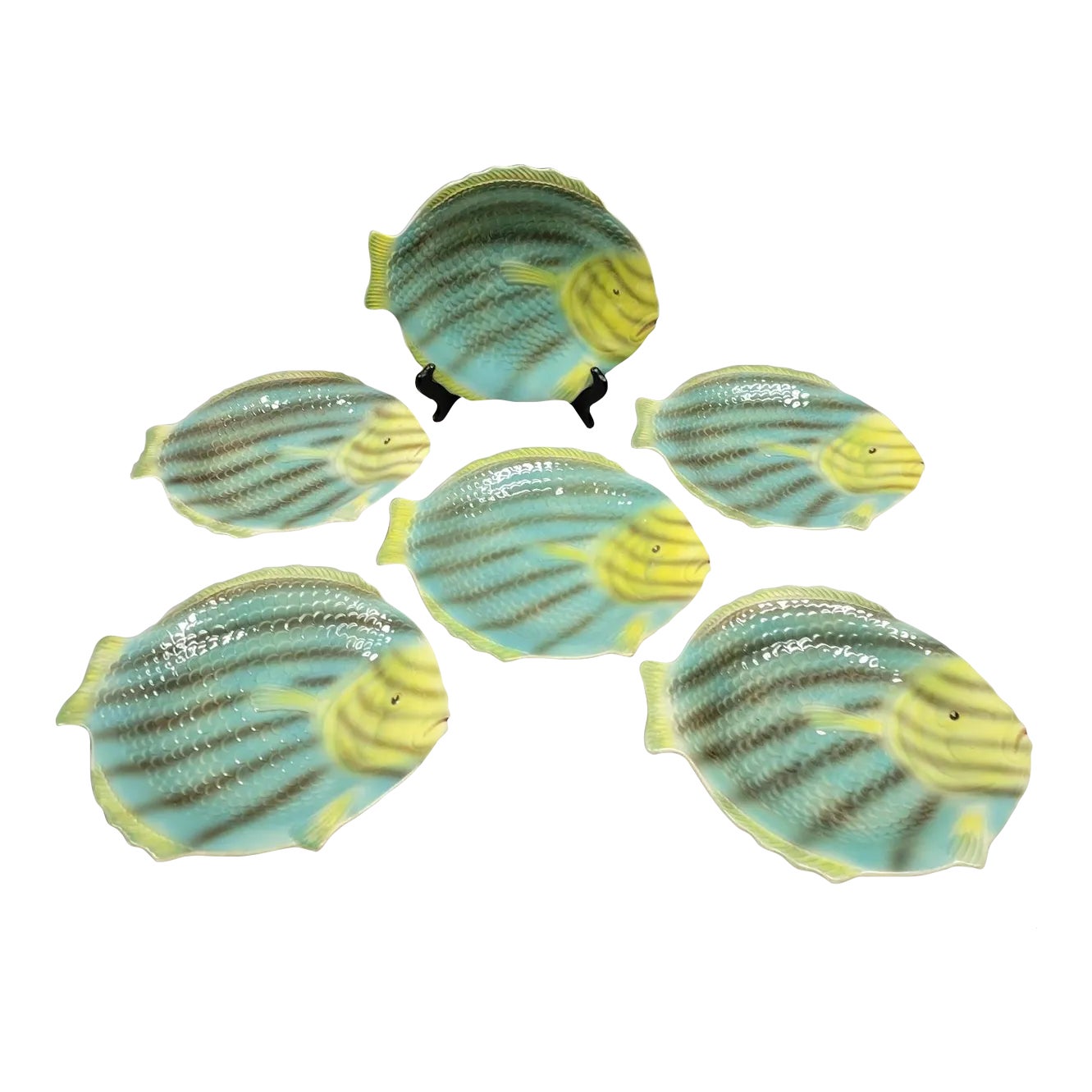 1930's English Aqua and Yellow Ceramic Fish Plates - Set of 6 | Chairish