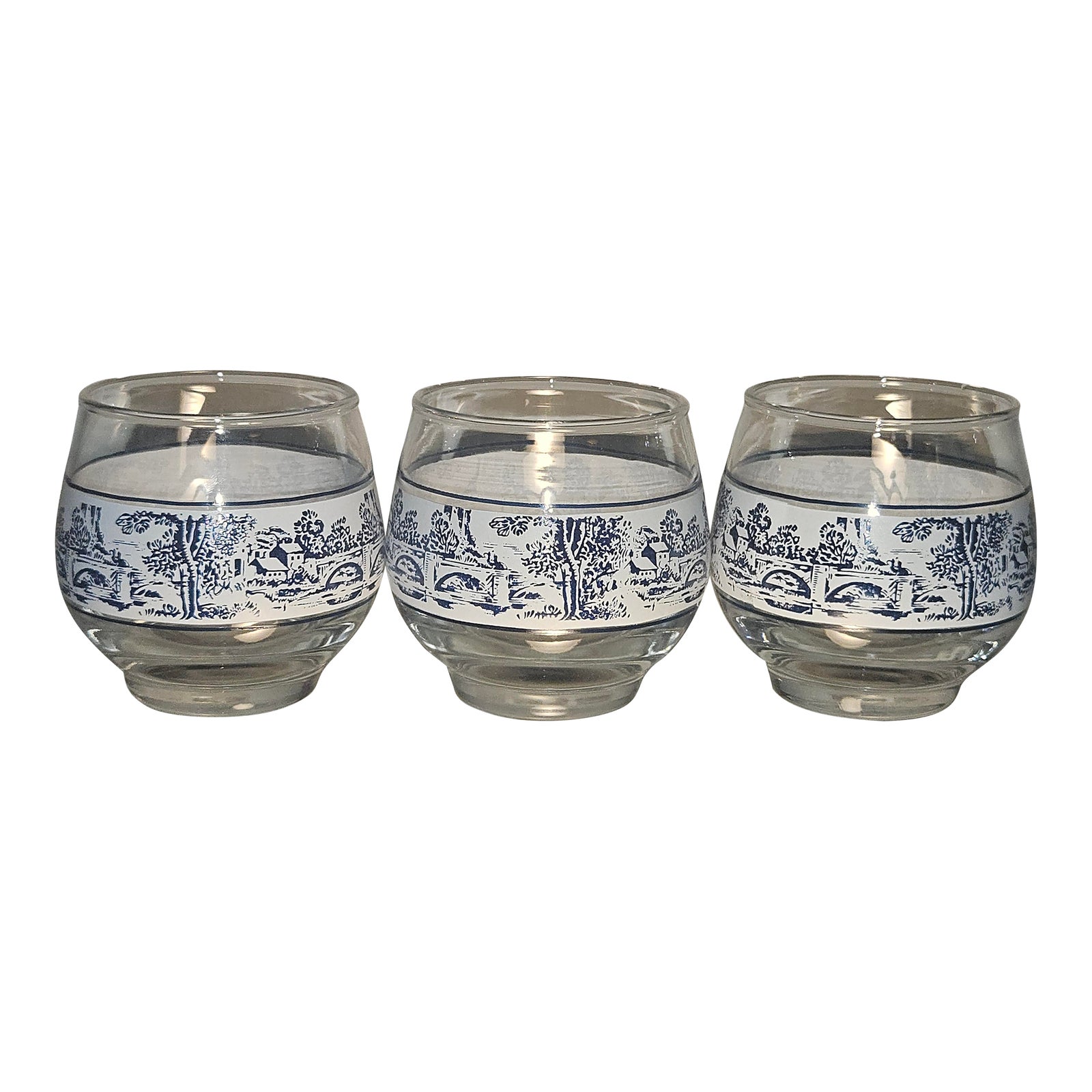 Vintage Blue and White Pattern Glasses- Set of 3 | Chairish