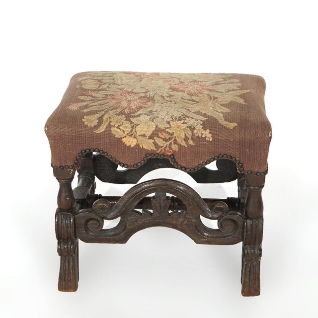 Early Antique English Carved Walnut & Needlepoint Bench Stool, Circa ...